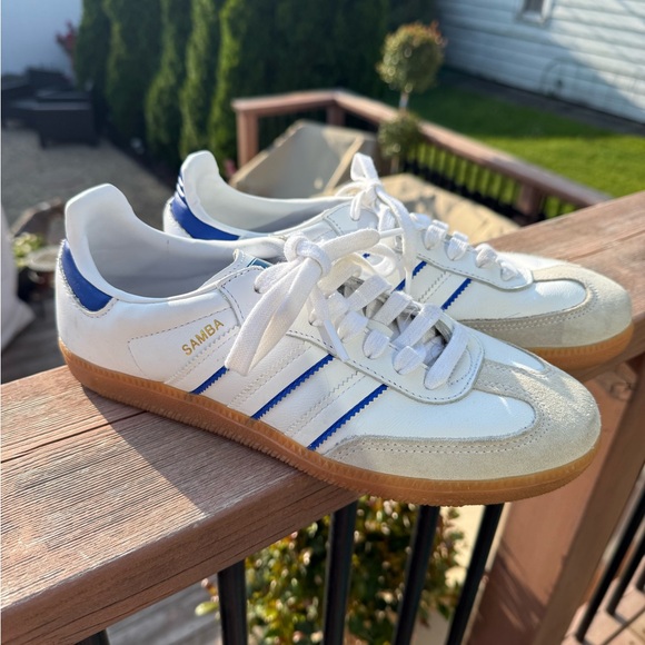 adidas | Shoes | Adidas Samba White With Blue Stripes | Poshmark